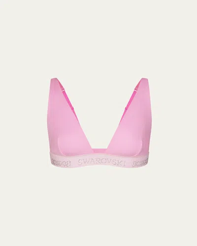 Swarovski X Skims Cotton Rib Crystal Logo Plunge Bralette In Bubblegum ...