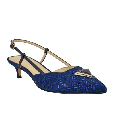Guess Women's Jessyn Kitten Heel Mules In Dark Blue Satin Embellished ...