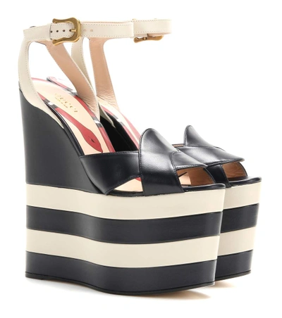 Gucci Sally Leather Platform Wedge Sandals In Black & White | ModeSens