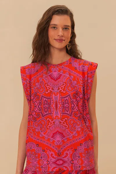 Farm Rio Active Red Paisley Scarf Shoulder Pad Blouse | ModeSens