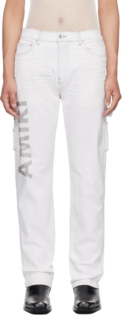 Amiri Blue Army Logo Painted Slim Workman Jeans In White | ModeSens