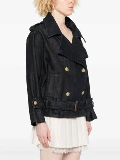Self-portrait Double-breasted Denim Trench Jacket In Black | ModeSens