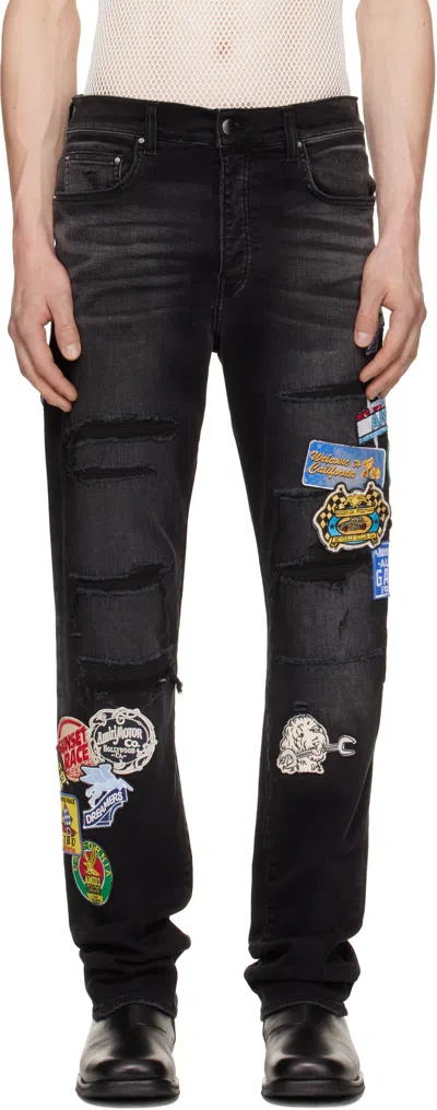 Amiri Black Station Patch Repair Slim Jeans | ModeSens