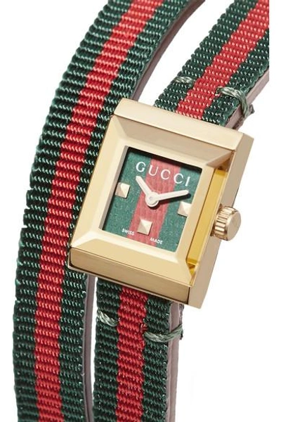 Gucci Gold Square Web Double Wrap G-frame Watch In Green/red | ModeSens