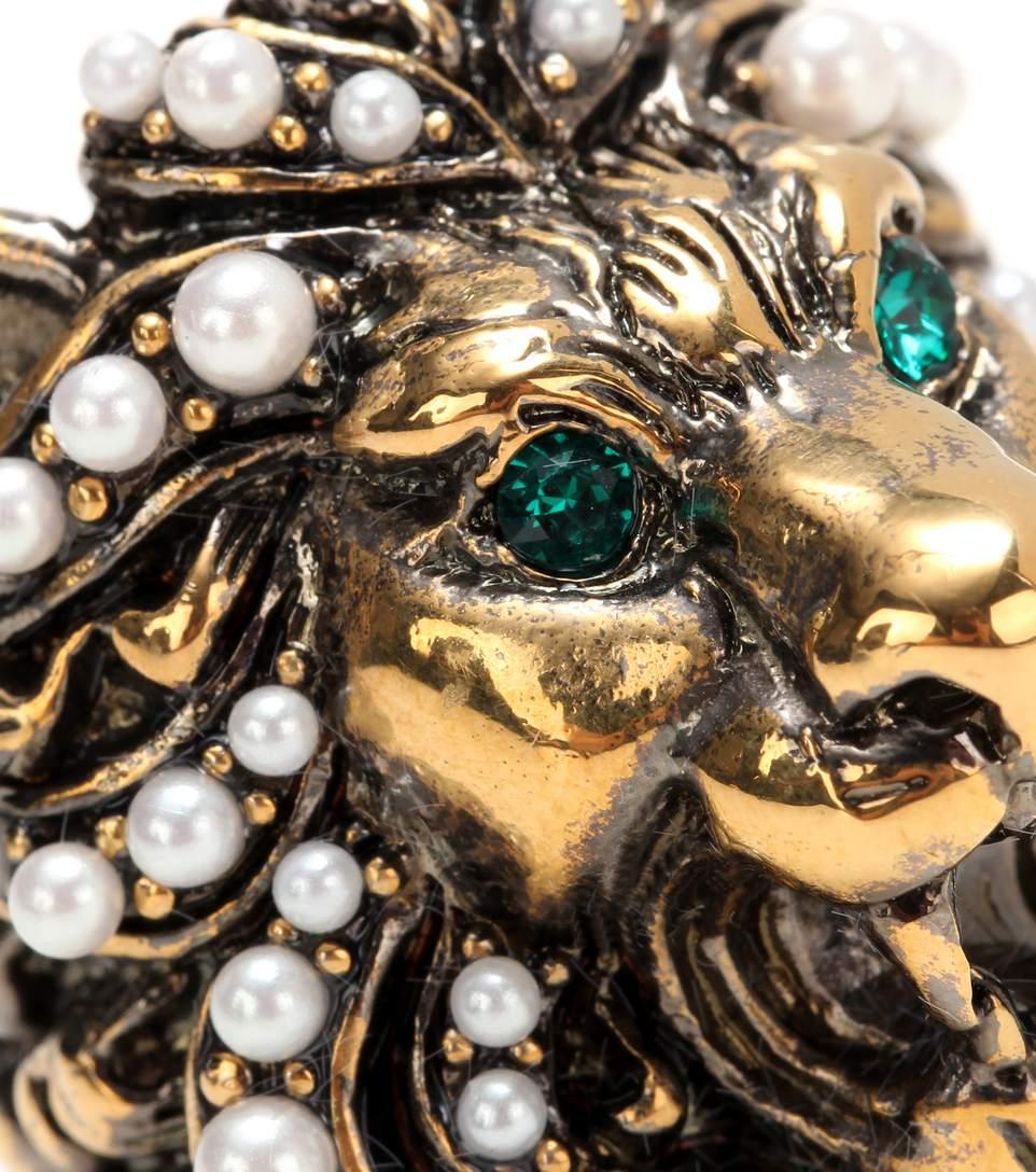 Gucci Lion Head Ring With Crystals In Aged Gold Finish | ModeSens