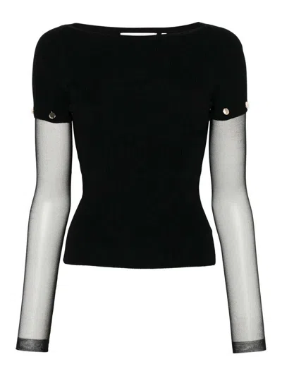 Sportmax Ribbed Texture Sheer Sleeves Gold Button Detail In Black ...