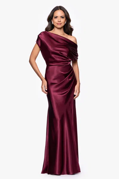 Betsy Adam Sofia Satin Drop Shoulder Floor Length Dress In Burgundy