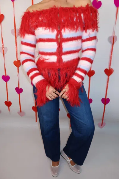 Act Pretty Off Shoulder Striped Shaggy Fringed Cardigan In Red | ModeSens