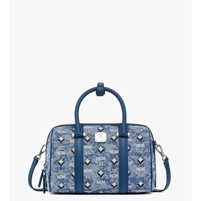 Mcm Small Boston Bag In Denim Visetos In Blue | ModeSens