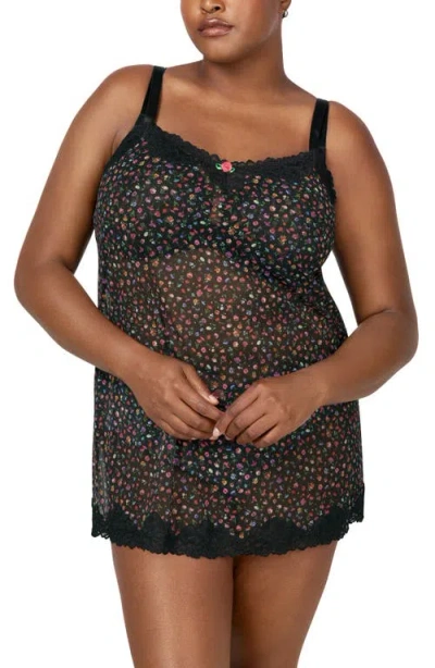 Curvy Couture Ditsy Floral Sheer Lace Trim Chemise In Black | ModeSens