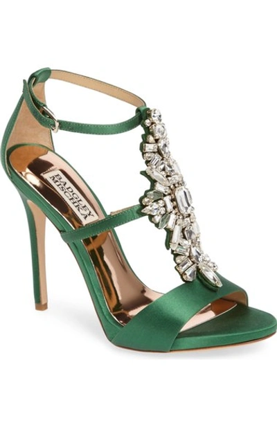 Badgley Mischka Basile Crystal Embellished Sandal In Dark Jade Satin ...