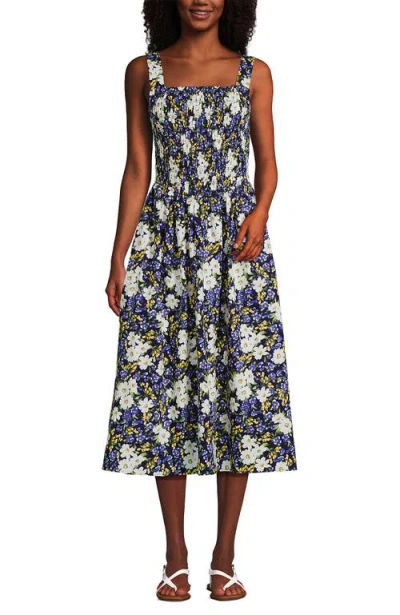 Lands' End Poplin Smocked Bodice Midi Dress In Multi | ModeSens