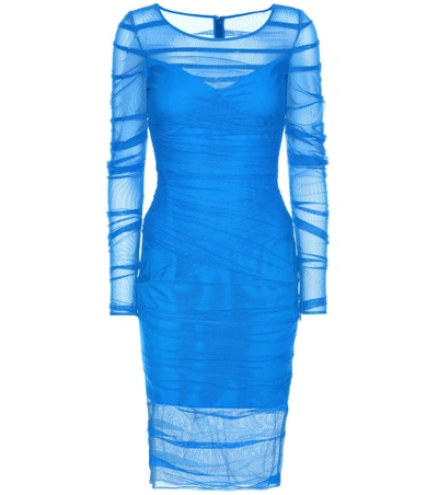 Versace Draped Stretch Tulle Dress In Blue | ModeSens