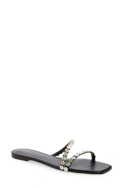 Reformation Shoshana Flat Sandal Black Leather Shell Buttons 9.5 | ModeSens