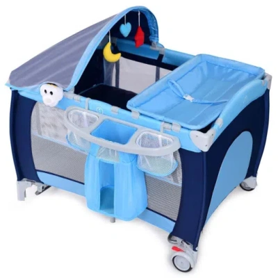 Costway Foldable Baby Crib Playpen With Mosquito Net And Bag-blue ...