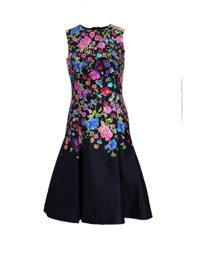 Oscar De La Renta Floral Print Silk And Cotton Mikado Flared Dress In Pnk