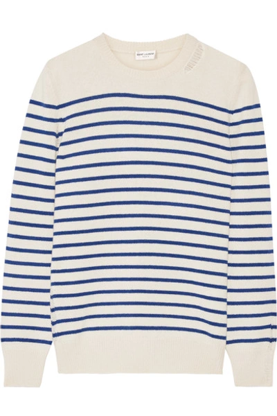 Saint Laurent Grunge Crewneck Sweater In Ivory And Blue Striped ...