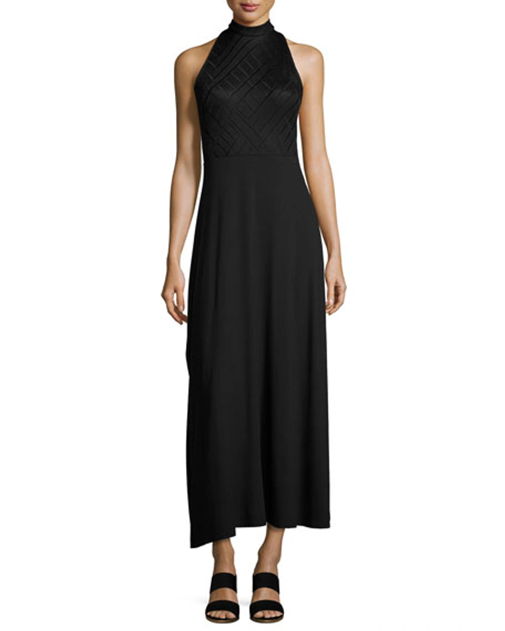 Three Dots Mock-neck Lace-bodice Maxi Dress, Black | ModeSens