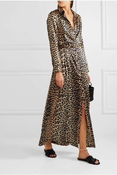 Ganni Dufort Leopard Print Silk Blend Satin Maxi Dress In Brown Modesens