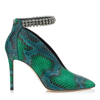 Jimmy Choo Lux 100 Bottle Green And Pop Green Matt Painted Python Booties With Crystal Anklet In ...