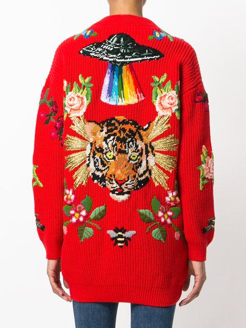 Gucci Oversized Embroidered Rabbit Knit Cardigan In Red | ModeSens