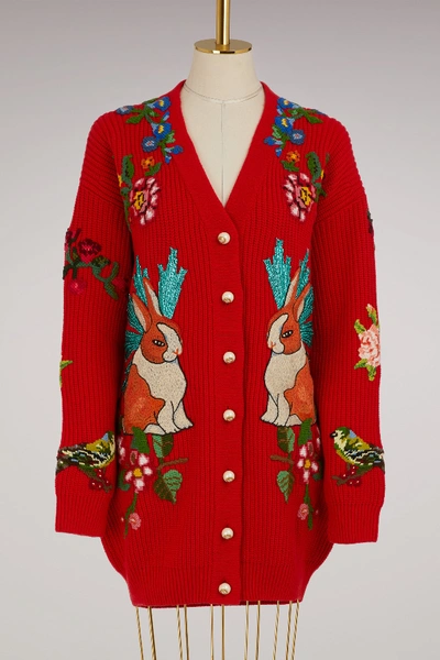 Gucci Oversized Embroidered Rabbit Knit Cardigan In Red | ModeSens