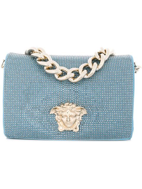 Versace Light Blue Crystal Embellished Shimmer Leather