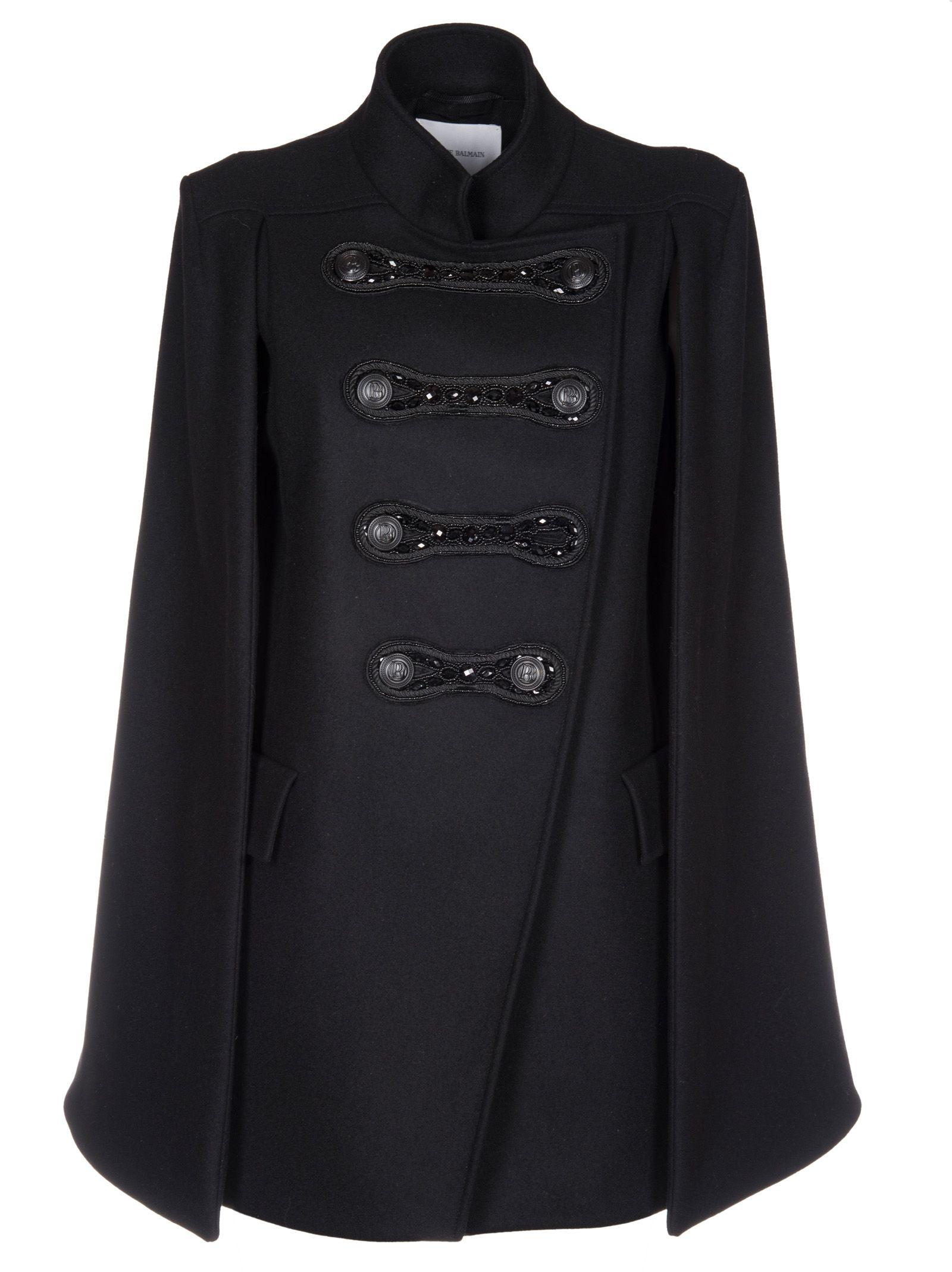 Pierre Balmain Embellished Military Wool Cape In Black | ModeSens