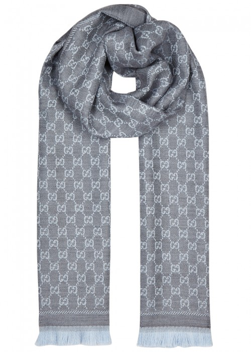 Gucci Gg Monogrammed Light Blue Wool Scarf | ModeSens