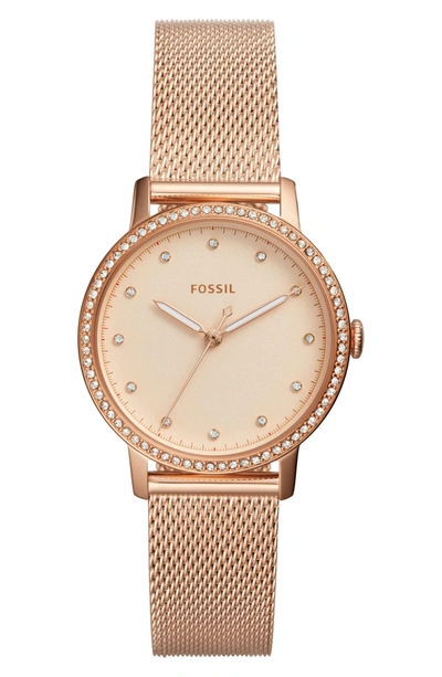 Fossil Neely Crystal Mesh Strap Watch, 34mm In Rose Gold | ModeSens