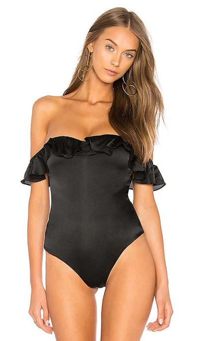For Love And Lemons Virgo Off The Shoulder Ruffle Bodysuit In Black