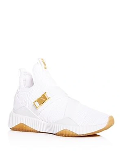 Puma Women's Defy Varsity Knit Mid Top Sneakers In White/ Metallic Gold ...