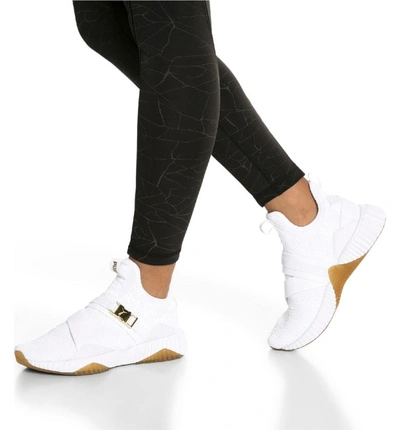 Puma Women's Defy Varsity Knit Mid Top Sneakers In White/ Metallic Gold ...