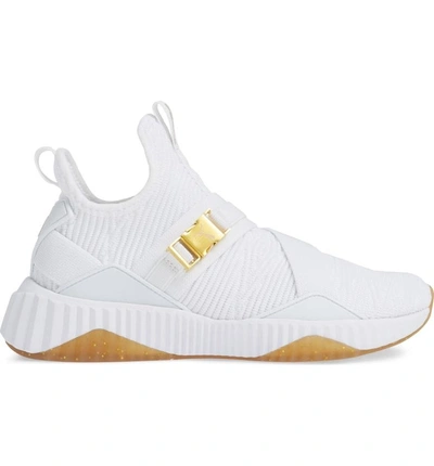Puma Women's Defy Varsity Knit Mid Top Sneakers In White/ Metallic Gold ...