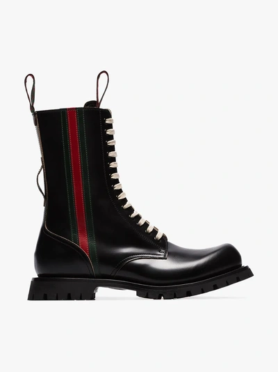 Gucci Men's Black Leather Boots With Web | ModeSens