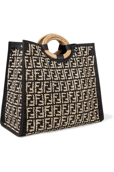 Fendi Runaway Large Leather-trimmed Woven Raffia Tote In Black | ModeSens