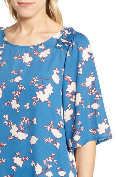 Bobeau Bette Flutter Sleeve Smocked Shoulder Top In Navy Blush Floral