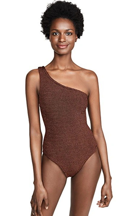 Hunza G Nancy One Shoulder Crinkle One Piece Swimsuit In Burgandy