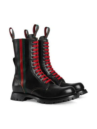 Gucci Men's Black Leather Boots With Web | ModeSens