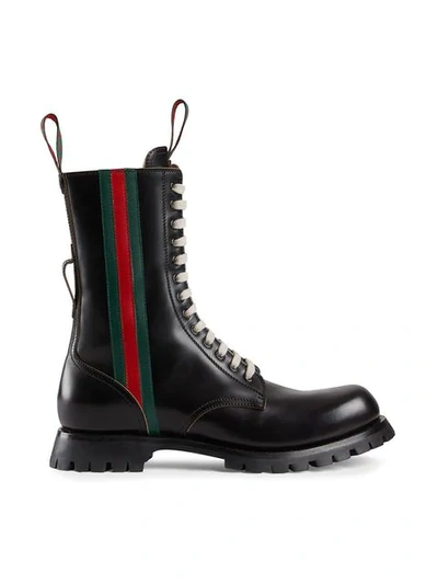 Gucci Men's Black Leather Boots With Web | ModeSens