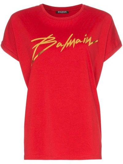 Balmain Foil Logo T-shirt In Red | ModeSens