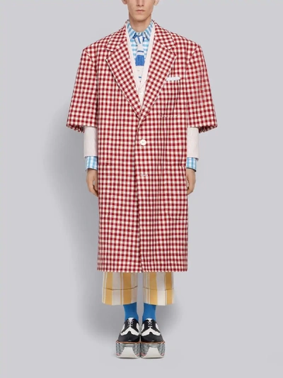 Thom Browne Gingham Patch Pocket Sack Overcoat In Red | ModeSens