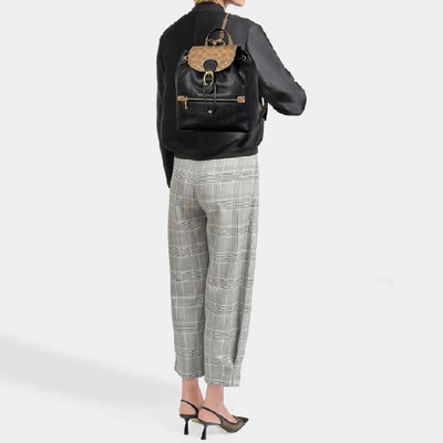 Coach Evie Backpack In Black Leather And Tan Signature Coated Canvas ...