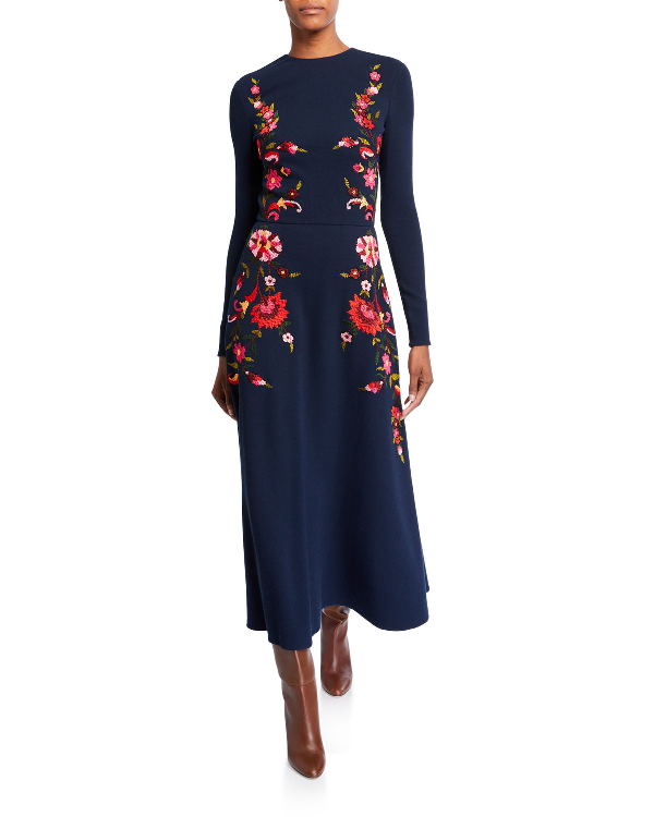 Oscar De La Renta Geofloral Embroidered Crepe Midi Dress In Blue Modesens