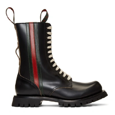 Gucci Men's Black Leather Boots With Web | ModeSens