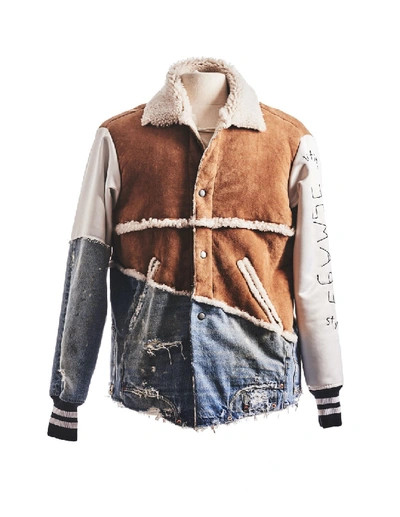 Greg Lauren Faux Shearling & Denim Varsity Jacket In Beige | ModeSens