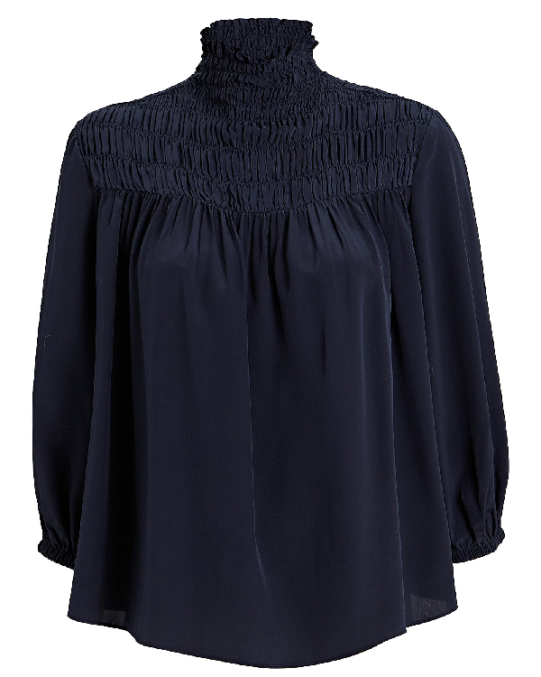 Frame Smocked High Neck Silk Blouse In Navy | ModeSens