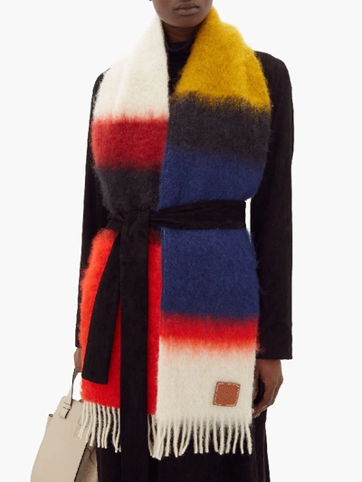 Loewe Leather-trimmed Fringed Color-block Mohair-blend Scarf In Red ...