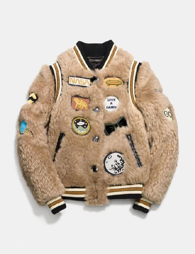 Coach Shearling Bomber Jacket W/ Patches In Beige | ModeSens