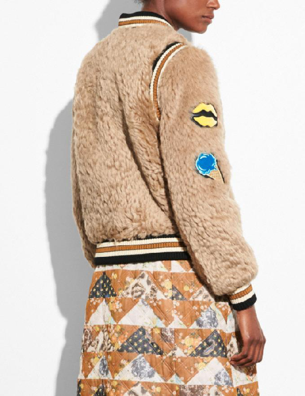 Coach Shearling Bomber Jacket W/ Patches In Beige | ModeSens